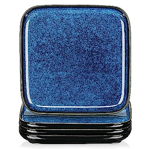 vancasso Stern Square Plate Set of 4, 7.5 Inch Salad Plate, Reactive Change Glaze Dessert Plate, Blue Serving Plate