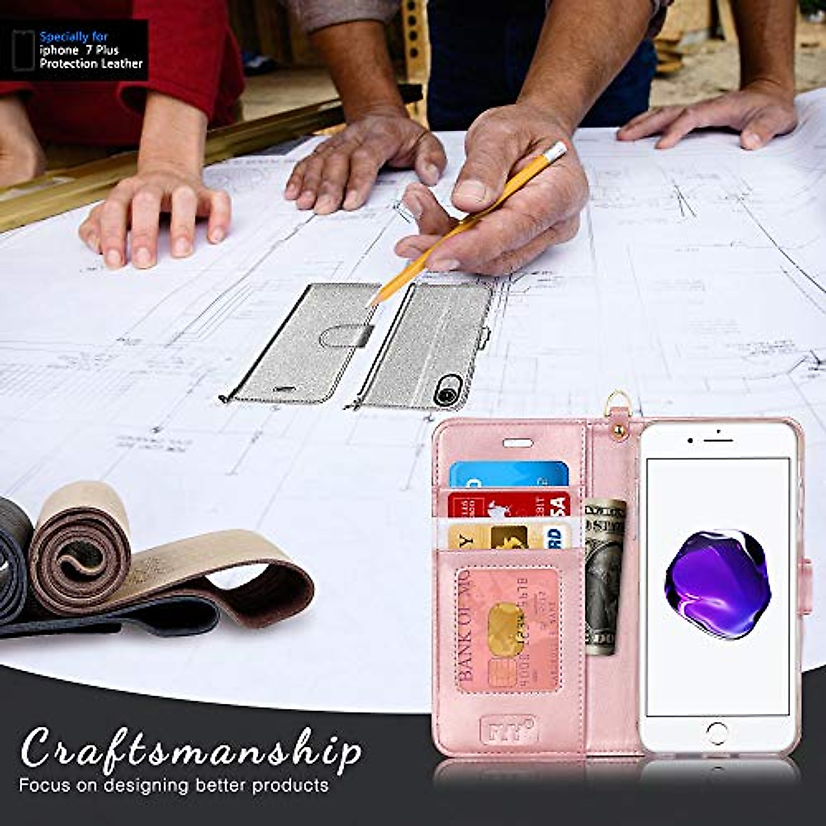 FYY for iPhone 8 Plus Case/iPhone 7 Plus Case, PU Leather Flip Wallet Phone Case with Card Holder Wrist Strap Kickstand Protective Cover for iPhone 7 Plus/8 Plus 5.5" Rose Gold