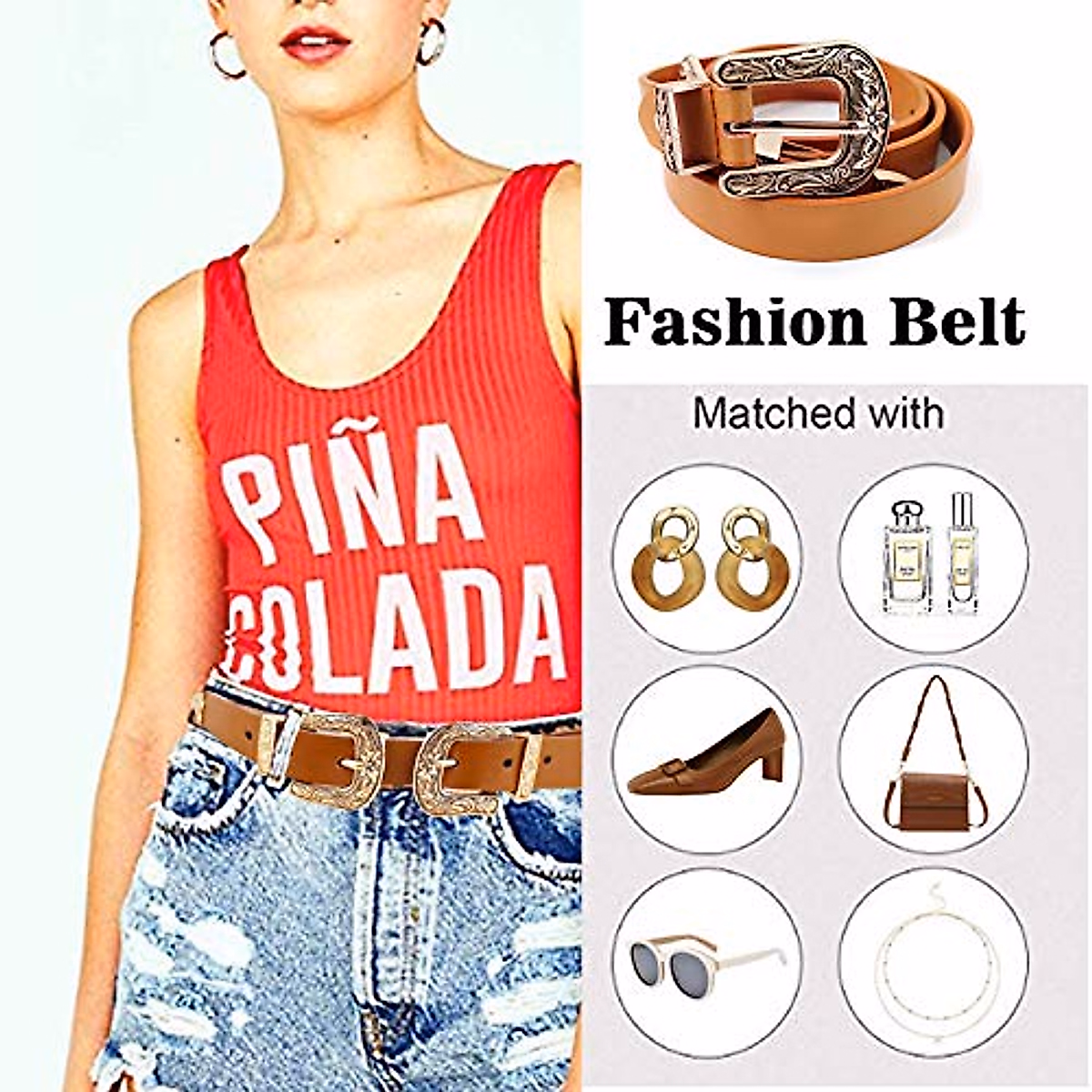 CLARA Women Vintage Western Waist Belt Double Buckle Belt PU Leather Waistband for Jeans Dress (Brown)