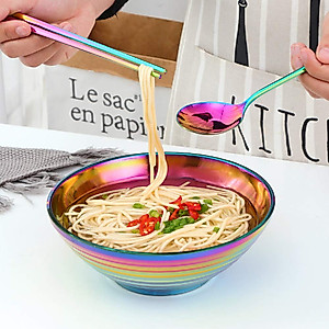 Meiishaaa Ramen Noodle Bowl, 2 Set (8PCS) Stainless Steel Japanese Style Soup Bowls and Spoons Set with Chopsticks & Chopsticks Holders for Udon Soba Pho Asian Noodles, Rainbow