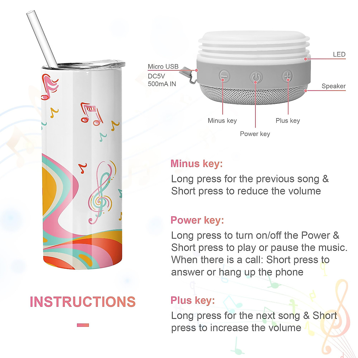 Icesip 25 Pack Music Speaker Tumbler, 20 oz Sublimation Tumbler Skinny Straight Double Wall Music Speaker Cup with Straw Lid & USB Charging Cable Grey