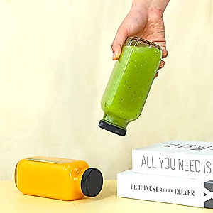 Moretoes 6 Pack 16oz Glass Juice Bottles with Lids Reusable Glass Square Beverages Drinking Jars with Tamper-proof Black Caps for Travel Milk Water Tea Honey Kombucha Smoothie Boba