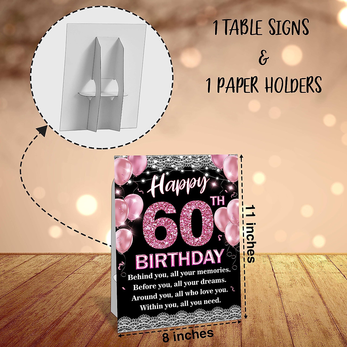 60th Birthday Party Table Sign with Paper Holder, Rose Gold Birthday Standing Sign for Table Decoration, Happy Birthday Table Decor for Women, Anniversary Celebration Favor Supplies(1 Set of), A11