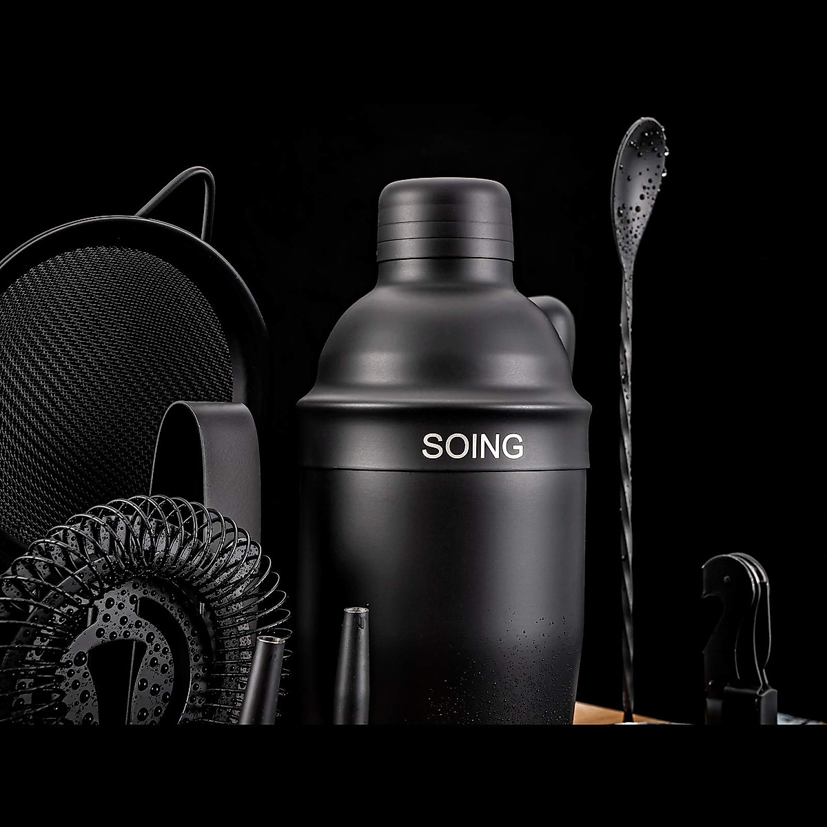 Soing 11-Piece Black Bartender Kit,Perfect Home Cocktail Shaker Set for Drink Mixing,Stainless Steel Bar Tools with Stand,Velvet Carry Bag & Cocktail Recipes Cards (Black)