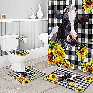Fangship 4 Piece Shower Curtain Sets Farm Cow and Sunflower Black and White Buffalo Plaid Include Non-Slip Rug,Toilet Lid Cover,Bath Mat and Hooks Durable Waterproof Shower Curtain Set for Bathroom