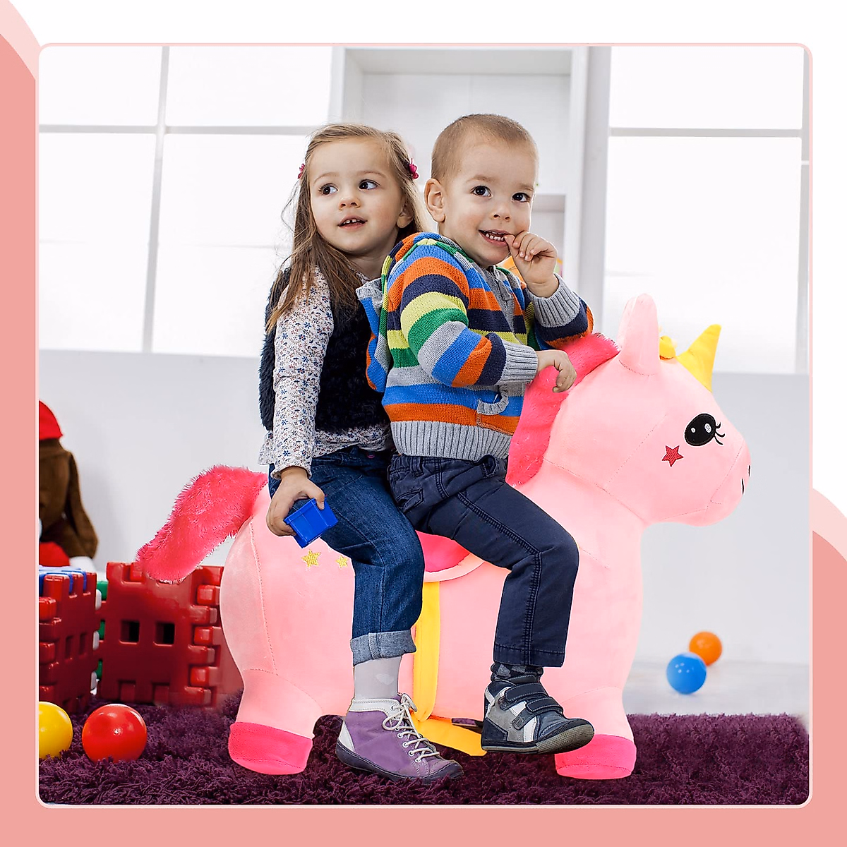 Bouncy Christmas Pink Unicorn Bouncer, Toddler Girl Bouncing Animal Hopper, Inflatable Plush Hopping Toy for Baby First Birthday Gift 36 Month 3 4 Year Old Kid