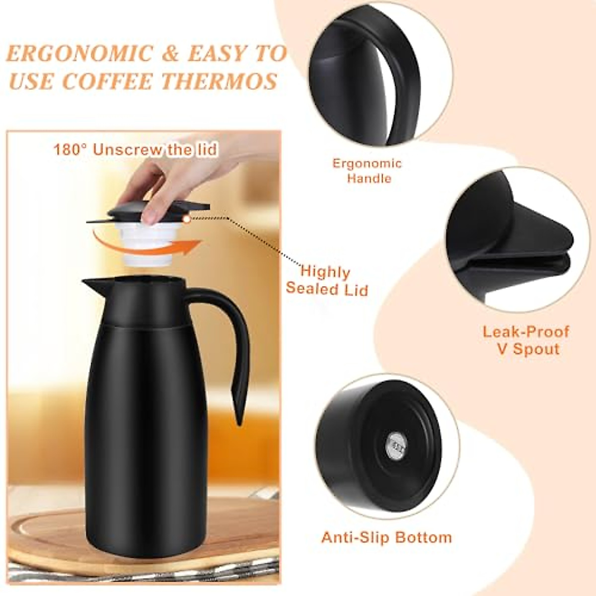 68Oz Stainless Steel Thermal Coffee Carafe with Lid Double Walled Vacuum Thermos Flask Insulated Coffee Carafe for Keeping Hot Water Tea Beverage Dispenser - For 12 Hours Hot / 24 Hours Cold