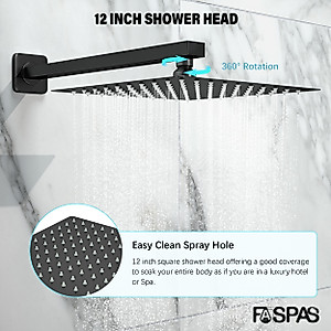 Fatspas Shower System with Tub Spout, Wall Mounted Shower Faucet Set for Bathroom with 12 Inch Rain Shower Head and Handheld Shower Head Set, Matte Black