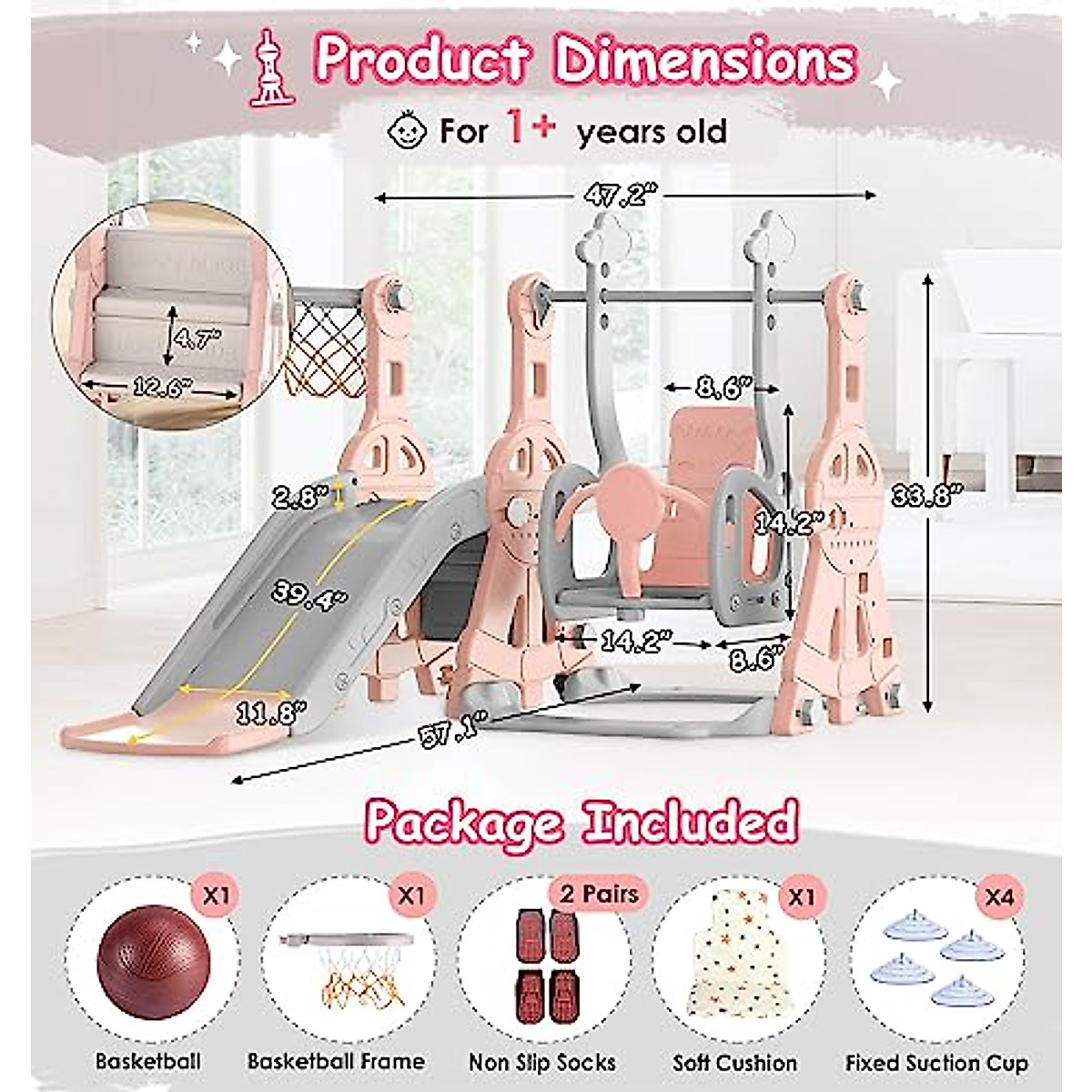 BIERUM 4 in 1 Toddler Slide and Swing Set, Kid Slide for Toddlers Age 1-3, Baby Slide with Basketball Hoop, Indoor Outdoor Slide Toddler Playset Toddler Playground Pink