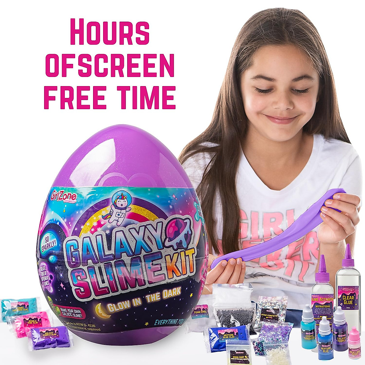 GirlZone Egg Surprise Galaxy Slime Kit for Girls, 41 Pieces to Make Glow in The Dark Slime, DIY Slime with Glitter, Fun Slime Kits for Girls 10-12