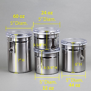 Creative Home Set of 4 Pieces Stainless Steel Kitchen Storage Jar Container Canister with Clear Airtight Lid and Locking Clamp for Food, Cookie, Flour, Sugar, Tea, Coffee Storage