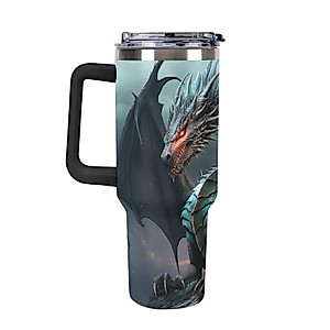 QWJKM Cool Dragon Tumbler with Handle Large Insulated Car Cup 40 OZ Stainless Steel Travel Mug Leak Proof Water Bottle with Lid And Straw for Car Home Office Gifts