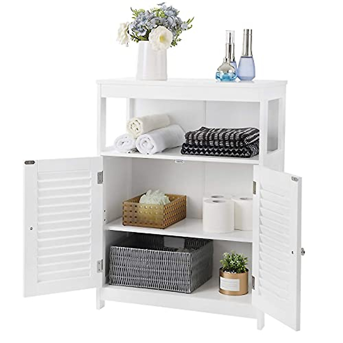 VASAGLE Bathroom Storage Floor Cabinet Free Standing with Double Shutter Door and Adjustable Shelf White
