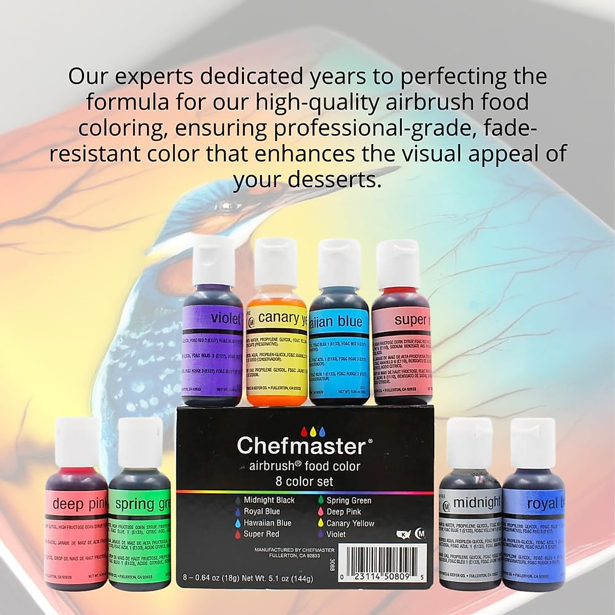 Chefmaster - Airbrush Kit - Airbrush Food Coloring - 8 Pack - True To Shade Vibrant Colors - Works With Any Airbrush Tool, Achieves Amazing Effects and Designs - Fade-Resistant Color - Made in the USA