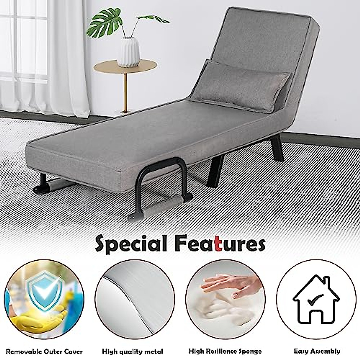 VAMEPOLE Sleeper Chair Bed, 20" Convertible Sofa Bed, 4 in 1 Folding Bed with 5-Position Adjustable Backrest & Pillow, Lazy Chaise Lounge Couch, Small Futon Chair Couch for Small Spaces (Light Grey)