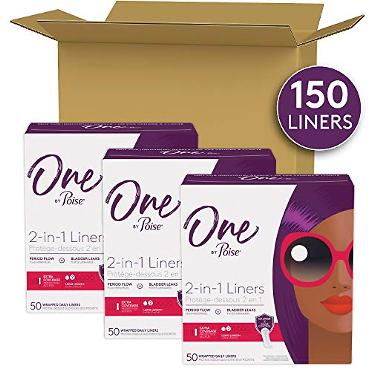 One by Poise Panty Liners (2-in-1 Period & Bladder Leakage Daily Liner), Long, Extra Coverage for Period Flow, Very Light Absorbency for Bladder Leaks, 150 Count (3 Pack of 50)