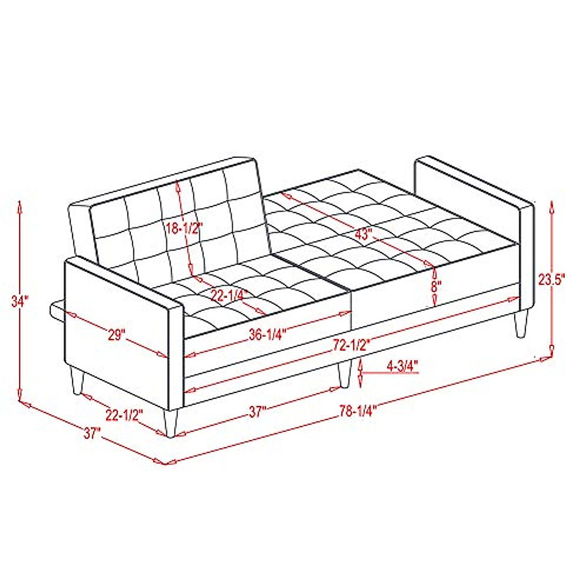 LTT Futon Sofa Bed, Sleeper Sofa, Square Arms Modern Velvet Upholstered Sofa Bed Black(78" Lx37 Wx34 H)