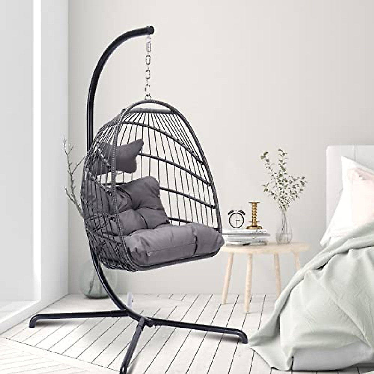 OUTPLATIO Swing Egg Chair with Stand Indoor Outdoor 350lbs Capacity Hanging Wicker Hammock Chair with UV Resistant Cushion Collapsible Foldable Basket for Bedroom Balcony Patio Garden (Dark Gray)