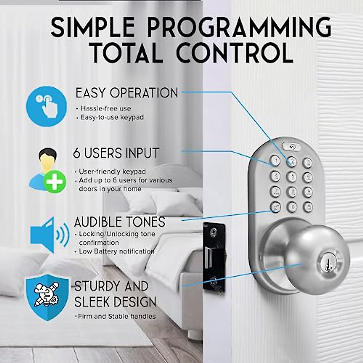 MiLocks TKK-02SN Tkk-Sn Digital Door Knob Handle Lock with Electronic Keypad - Keyless Entry Smart Door Lock with Adjustable Latch Locks, Audible Tones for Interior Front Doors & More, Satin Nickel