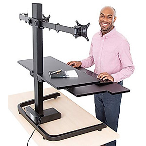 Stand Steady Techtonic Electric Standing Desk Converter wIth Triple Monitor Mount, 3 Screen Support, Quiet Sit-Stand Desk with Button Control, Keyboard Tray, Ideal for Gaming & Computer Work (Black)