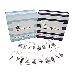 Palm City Products Sun and Sport Themed Wine Charm Set - Bundle of Beach and Sports Themes, 18 Pieces Total