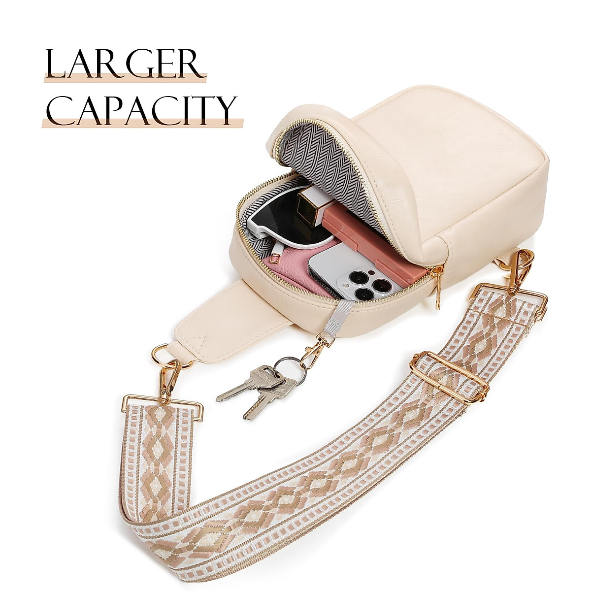 MoKo Vegan Leather Sling Bag - Small Trendy Casual Adjustable Detachable Shoulder Strap Crossbody Bags for Women and Men Daily Hiking Travel, Beige