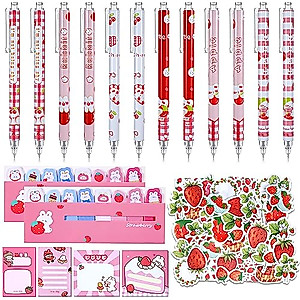 497 Pcs Kawaii School Supplies Cute Pens Retractable Black Ink Kawaii Bunny Index Sticker Cute Pink Sticky Notes Strawberry Stickers Cute School Stationery Set Supplies for Girls Kids
