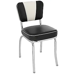 Richardson Seating V-Back Chrome Diner Chair with 2" Box Seat, NULL, Metal, Black and White