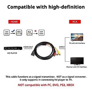 HDMI to RCA Cable 1080P 5ft HDMI Male to 3-RCA Video Audio AV Cable Connector Adapter One-Way Transmitter for TV HDTV DVD