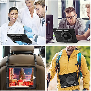 ZenRich iPad 9th Generation Case 10.2 inch 2021, Rugged Shockproof Case for iPad 8th/7th Generation with Pencil Holder, Rotating Hand Strap &Stand, Shoulder Strap and Screen Protector,Black