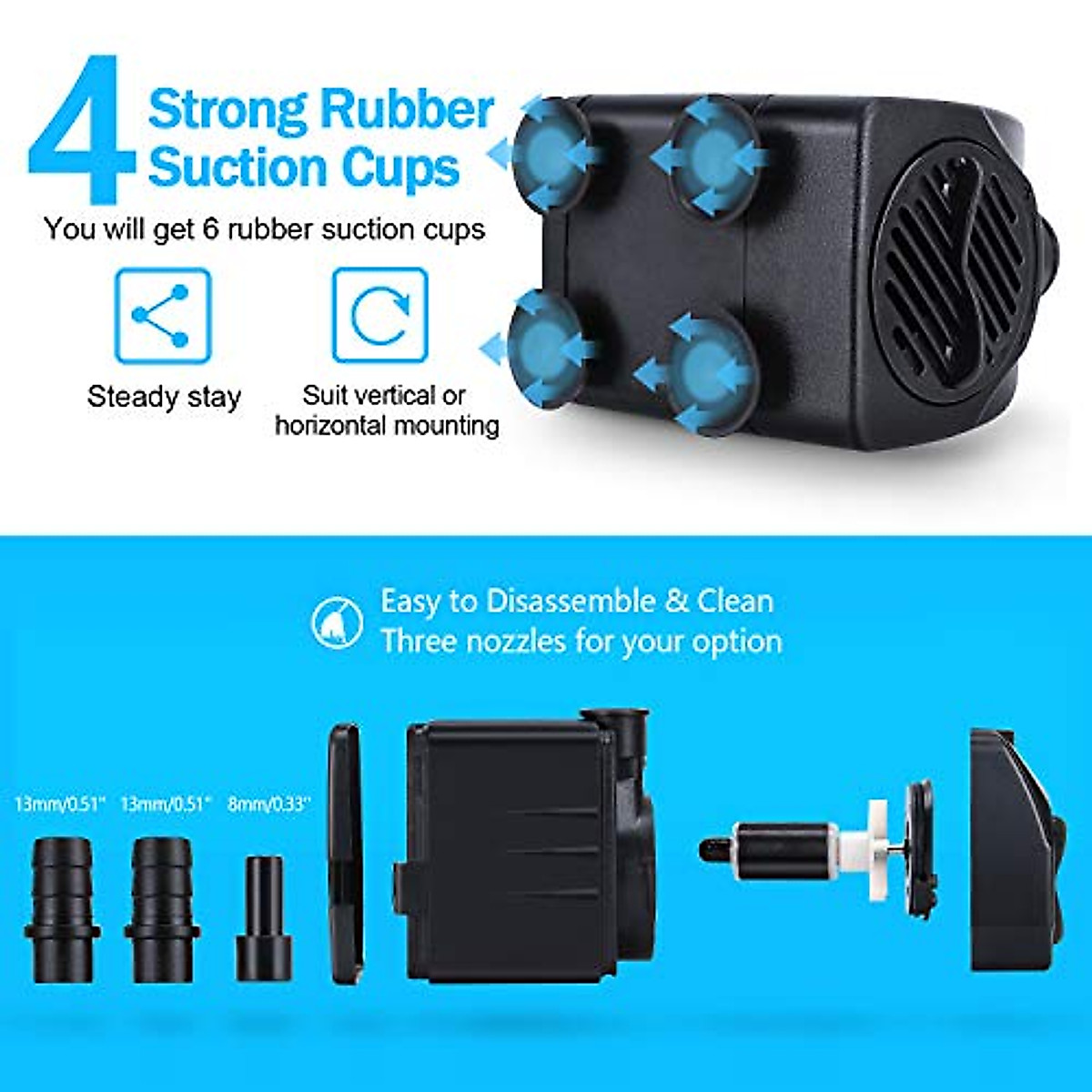 CWKJ Fountain Pump, 160GPH(10W 600L/H) Submersible Water Pump, Durable Outdoor Fountain Water Pump with 4.9ft Tubing (ID x 1/3-Inch), 3 Nozzles for Aquarium, Pond, Fish Tank, Water Fountain Pump