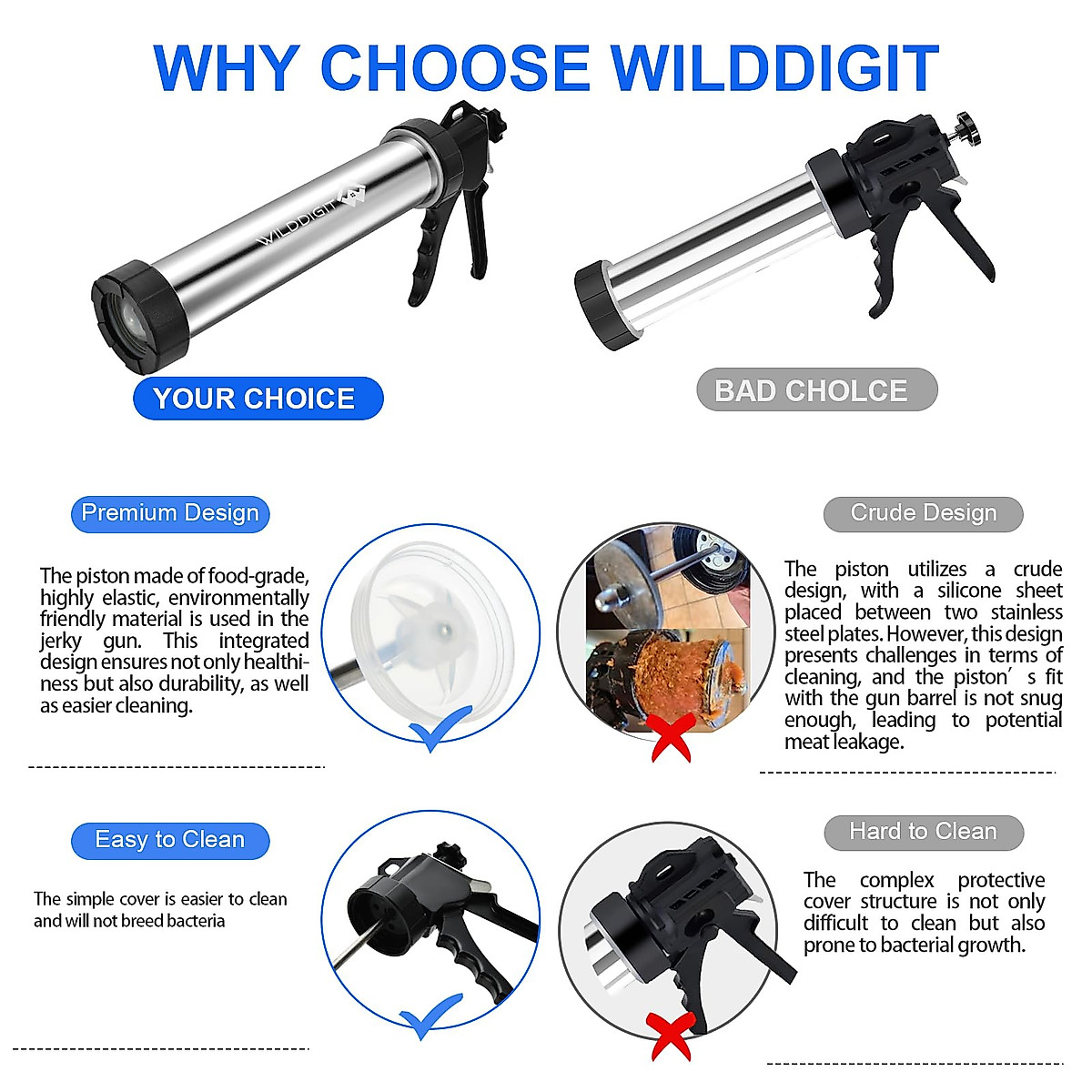 WILDDIGIT Large Capacity Professional Beef Jerky Gun Kits, Stainless Steel Jerky Maker, Jerky Cannon, Meat Gun with 5 Stainless Nozzles and 5 Brushes