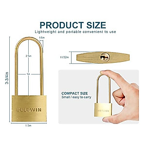 DELSWIN Keyed-Alike Solid Brass Padlock - Small Pad Locks with Same Key Weatherproof Long Shackle Lock for School Gym Locker and Tool Box, Pack of 2