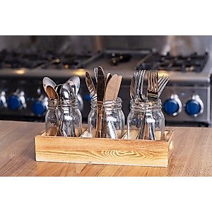 CB Accessories Mason Jar Glass Utensil Holder Flatware Caddy Silverware Organizer for Spoons, Knives and Forks with Rustic Wood Tray