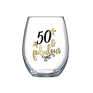 50 and Fabulous Gifts for Women Stemless Wine Glass 50th Birthday Gift for Her 0043