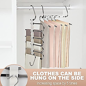 2 Pack Multifunctional Pants Rack, 5 Layers Space Saving Pants Hangers Stainless Steel Clothes Jeans Hangers Clothes Hangers for Pants Jeans Trousers Skirts Scarf