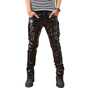 Idopy Men`s Rock Punk Hip Hop Faux Leather Motocycle Pants (32W x 41L, Black)
