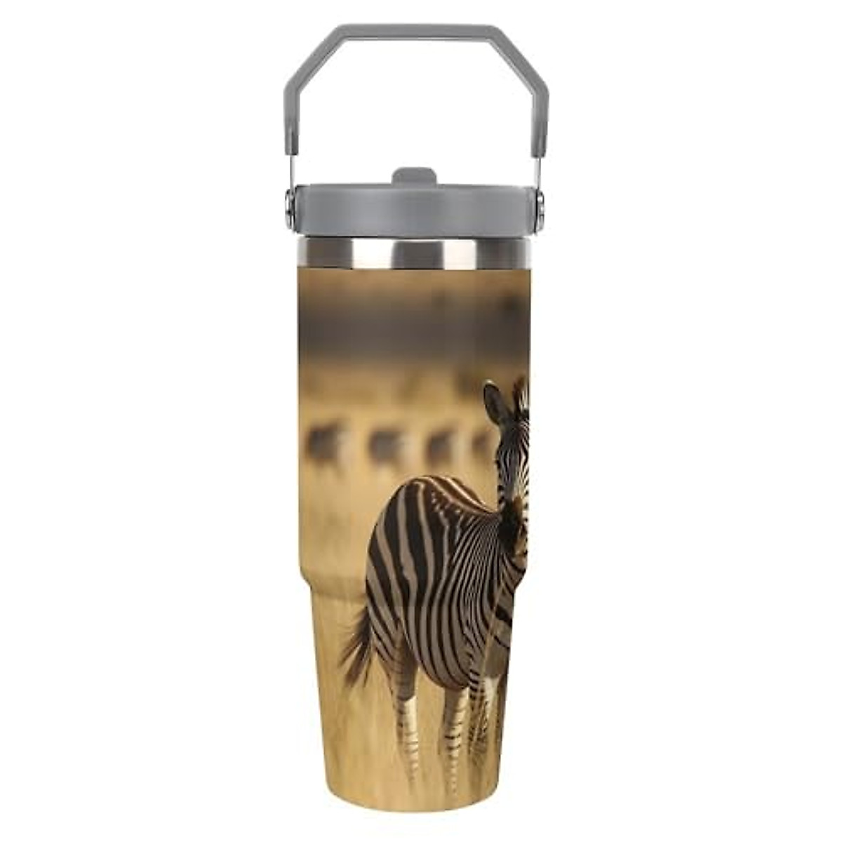 BWQJKUO Large Capacity Car Cup 30 Oz Stainless Steel Zebras in The Grass of The Savanna Printed Travel Mug Leak-proof Flip Straw Tumbler with Handle,keeps Cold Or Ho