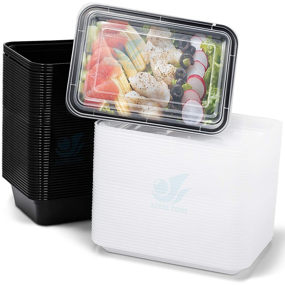 Azure Zone, 32 oz, 50-Pack Rectangular Meal Prep Food Container with Lid - One Compartment Bento Box - Stackable - Freezer/Microwave/Dishwasher Safe - Reusable Storage - Portable - BPA Free