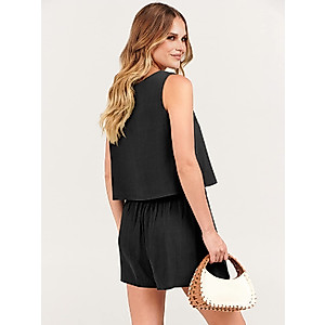ANRABESS Womens 2 Piece Outfits Linen Square Neck Crop Short Set Lounge Matching Sets 2023 Trendy Clothes Summer Vacation Set for Beach Vacation Resort 997heise-S, Black