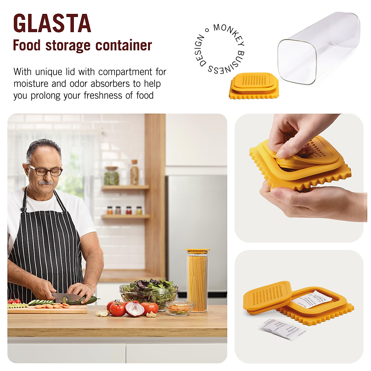 Monkey Business GLASTA Glass Food Container with Airtight Lid, Clear Glass Food Storage Jar with Silicone Lid and Moisture Absorber, Pantry Containers for Pasta Coffee Cereal (1 Pack)