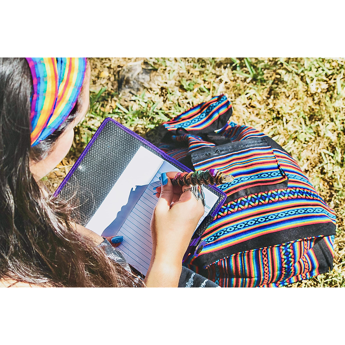 Mia Jewel Shop Large Rainbow Multicolored Peruvian Tribal Print Pattern Lightweight Drawstring Backpack Handmade Beach Bag Boho Accessories (Black Stripes)