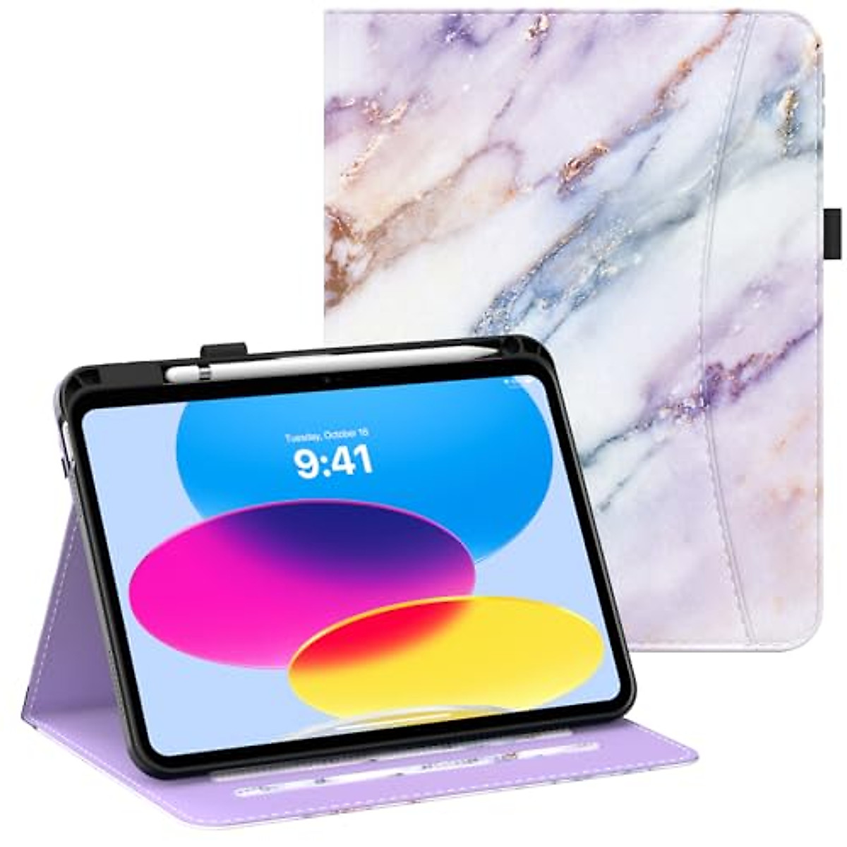 MoKo for iPad 10th Generation Case iPad 10.9 Inch Case 2022 with Pencil Holder, Multi-Angle Viewing iPad Case 10th Generation with Soft TPU Back Hand Strap for iPad 10th Gen 2022, Marble Purple