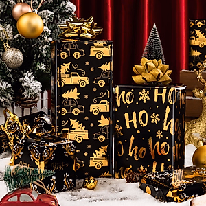 MIMUTI Christmas Wrapping Paper -Black and Gold Gift Wrapping Paper Roll with Cut Lines on Reverse, 17 in x 10 ft Christmas Wrapping Paper Rolls Elk, Ho and Car Design for Holiday, Chrsitmas, Party, Celebration