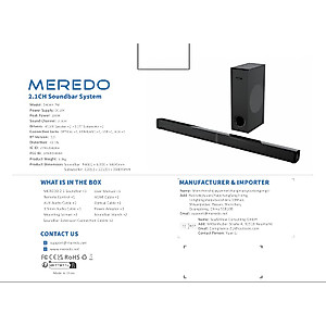 MEREDO Sound bar with Subwoofer 180W Detachable 2 in 1 Sound Bars for TV 2.1CH Treble & Bass Adjust 5 EQ Modes ARC/Optical/AUX/Bluetooth 12L Deep Bass for Home Theater Wall Mount-37 Inch