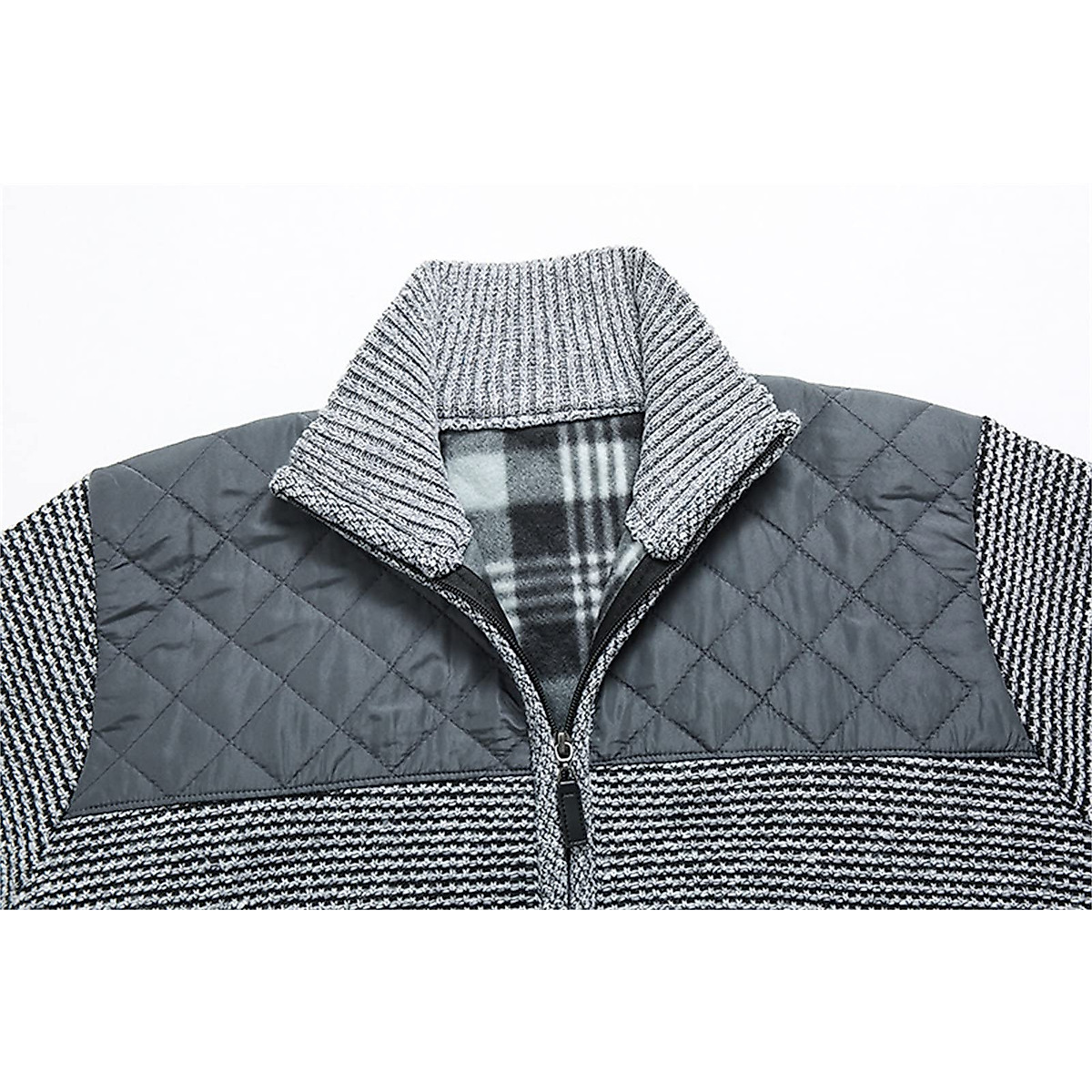 Men Full Zip Casual Knitted Cardigan Slim Color Block Fleece Lined Sweaters Stand Collar Winter Warm Thick Sweater (Grey,3X-Large)