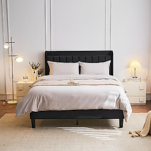 VINGLI Upholstered Platform Bed Queen Panel Bed Frame with Headboard, Wingback Storage Bed Queen with Charging Station, Velvet Black