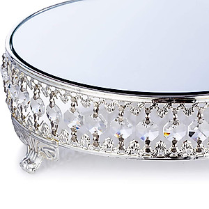 Wedding Metal Cake Display Stand with Mirror Top Plate 12 inches Diameter Beaded Crystal Metal Cake Pedestal, Snack Tray, Baking Party Supplies Centerpiece