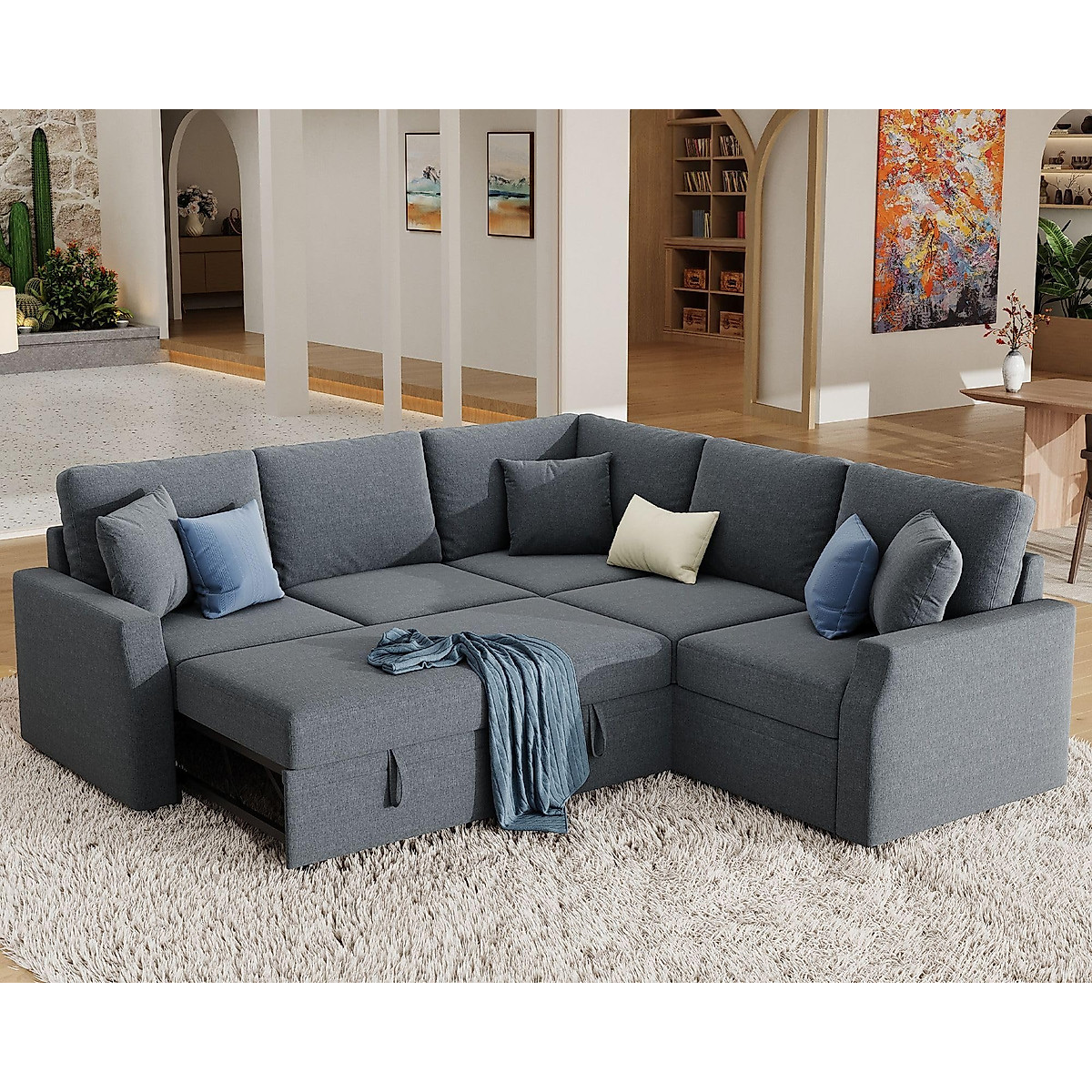 Jocisland Sofa Bed, 85 Inch Sleeper Sofa with Pull Out Bed & Storage Seat, Oversized L Shape Sectional Sofa for Living Room Apartment, Grey Linen Reversible Couch