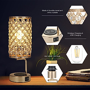 Neoglint Crystal Table Lamp - Gold Bedside Lamps with USB Port & Wireless Charger, Modern 3 Way Dimmable Nightstand Touch Lamps for Bedrooms Living Room(6W Bulb Included)